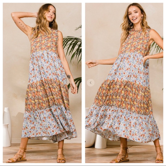 ShopEvelynne | Dresses | 2 Boho Floral Color Block Tiered Midi Dress ...
